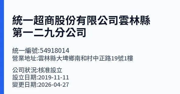 統一超商股份有限公司雲林縣第一二九分公司的照片-統編 54918014(雲林縣) 公司登記資料與營業項目詳細圖表