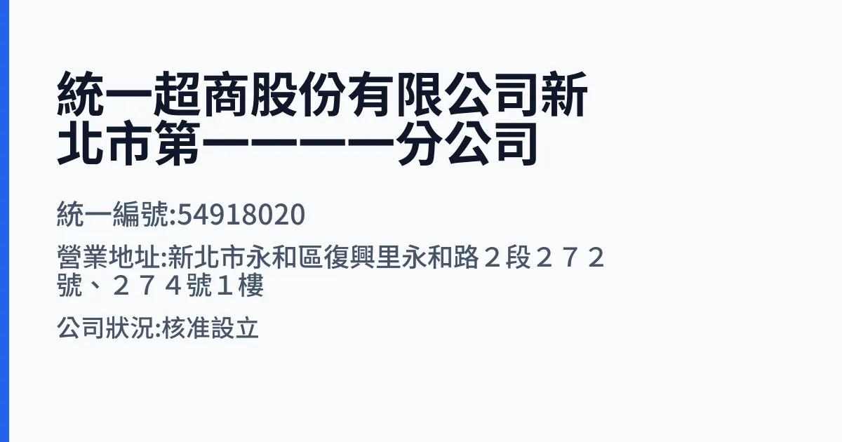 統一超商股份有限公司新北市第一一一一分公司 - 統編 54918020(新北市) 公司登記資料與營業項目詳細圖表