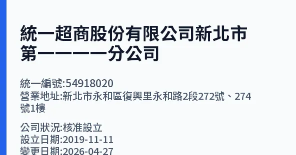 統一超商股份有限公司新北市第一一一一分公司的照片-統編 54918020(新北市) 公司登記資料與營業項目詳細圖表