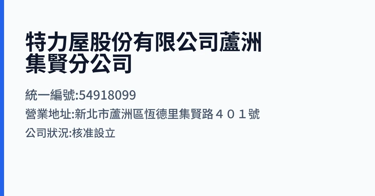 特力屋股份有限公司蘆洲集賢分公司 - 統編 54918099(新北市) 公司登記資料與營業項目詳細圖表