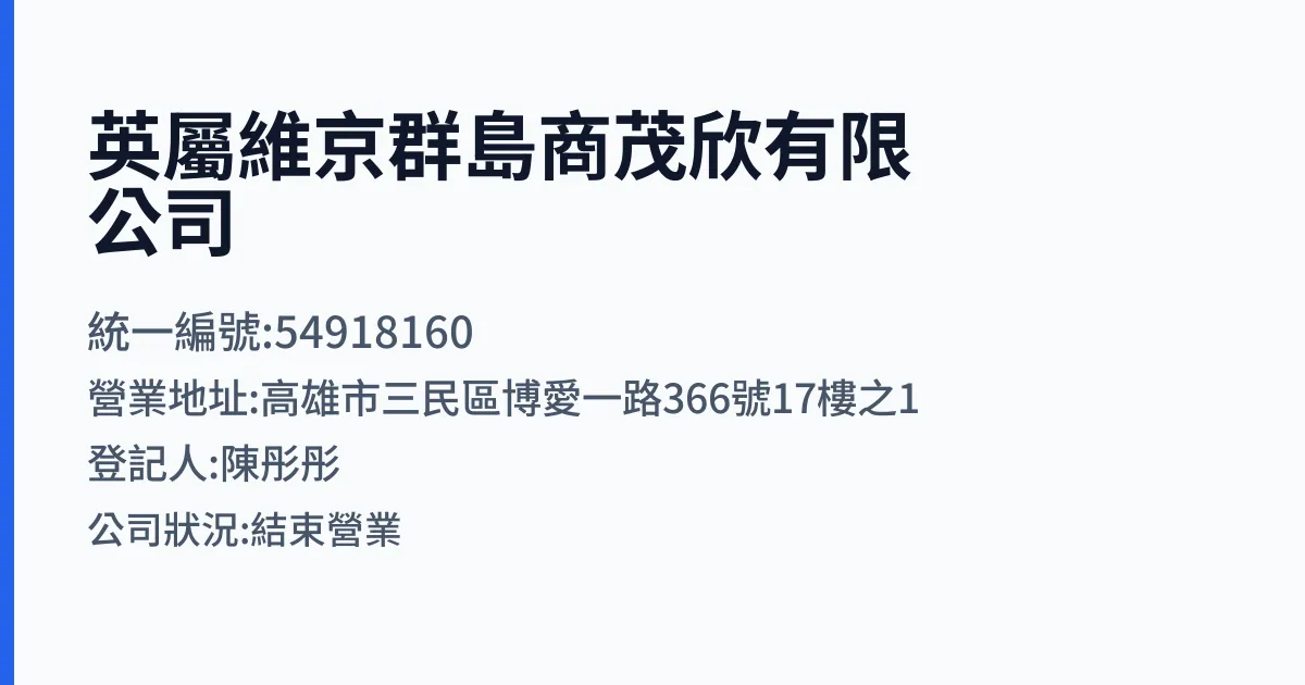 英屬維京群島商茂欣有限公司 - 統編 54918160(高雄市) 公司登記資料與營業項目詳細圖表