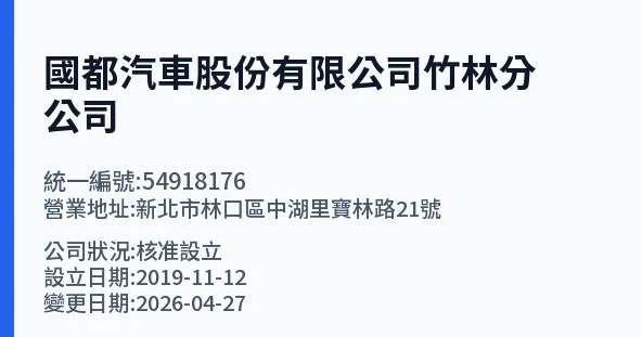 國都汽車股份有限公司竹林分公司的照片-統編 54918176(新北市) 公司登記資料與營業項目詳細圖表