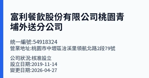 富利餐飲股份有限公司桃園青埔外送分公司的照片-統編 54918324(桃園市) 公司登記資料與營業項目詳細圖表