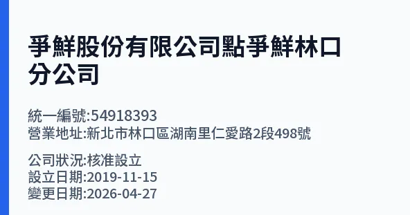 爭鮮股份有限公司點爭鮮林口分公司的照片-統編 54918393(新北市) 公司登記資料與營業項目詳細圖表