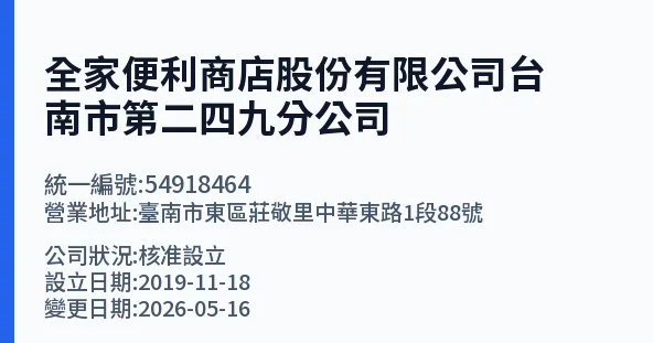 全家便利商店股份有限公司台南市第二四九分公司的照片-統編 54918464(臺南市) 公司登記資料與營業項目詳細圖表