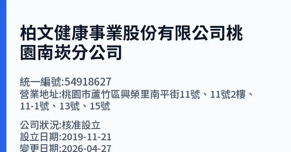 柏文健康事業股份有限公司桃園南崁分公司的照片-統編 54918627(桃園市) 公司登記資料與營業項目詳細圖表