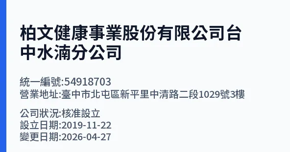 柏文健康事業股份有限公司台中水湳分公司的照片-統編 54918703(臺中市) 公司登記資料與營業項目詳細圖表
