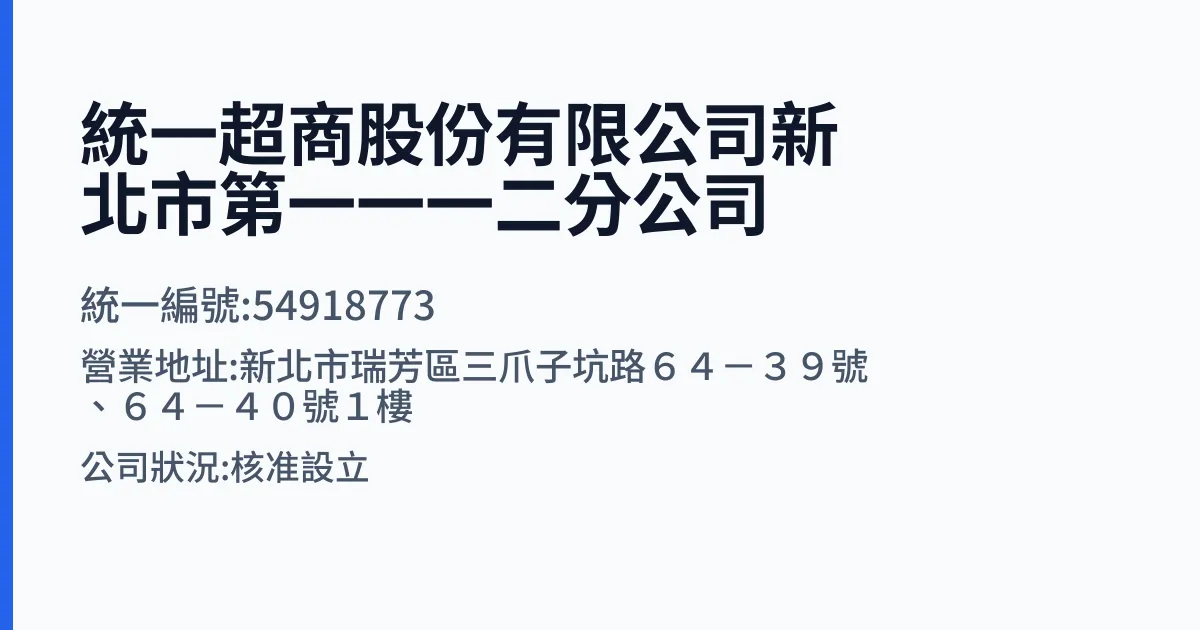 統一超商股份有限公司新北市第一一一二分公司 - 統編 54918773(新北市) 公司登記資料與營業項目詳細圖表