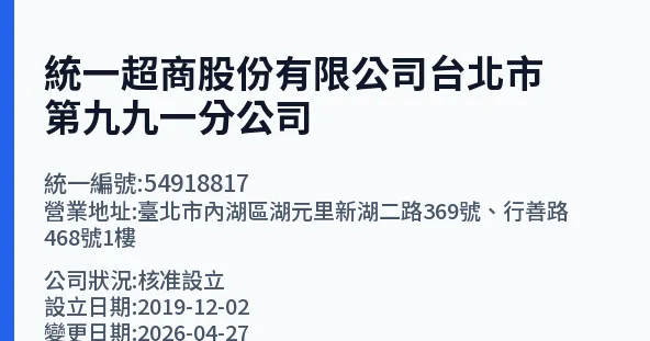 統一超商股份有限公司台北市第九九一分公司的照片-統編 54918817(臺北市) 公司登記資料與營業項目詳細圖表