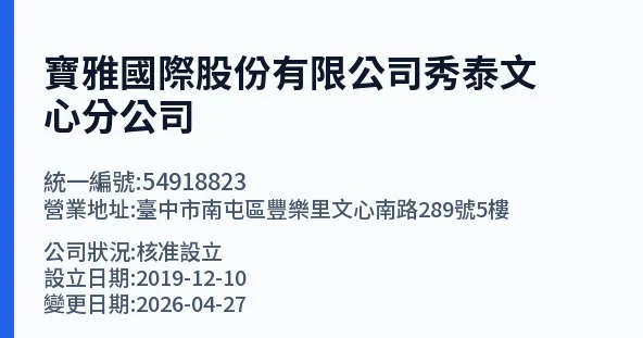 寶雅國際股份有限公司秀泰文心分公司的照片-統編 54918823(臺中市) 公司登記資料與營業項目詳細圖表