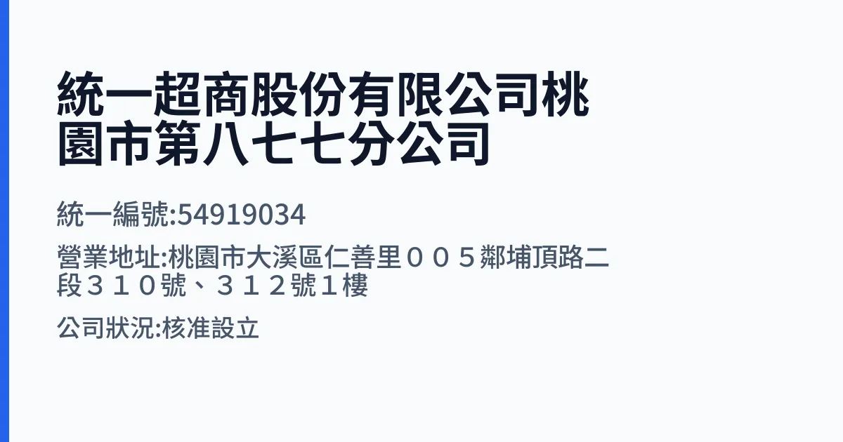 統一超商股份有限公司桃園市第八七七分公司 - 統編 54919034(桃園市) 公司登記資料與營業項目詳細圖表