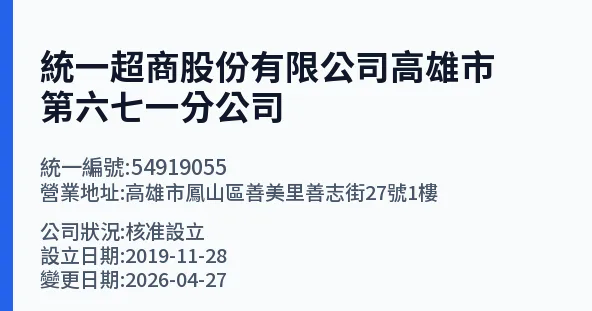 統一超商股份有限公司高雄市第六七一分公司的照片-統編 54919055(高雄市) 公司登記資料與營業項目詳細圖表