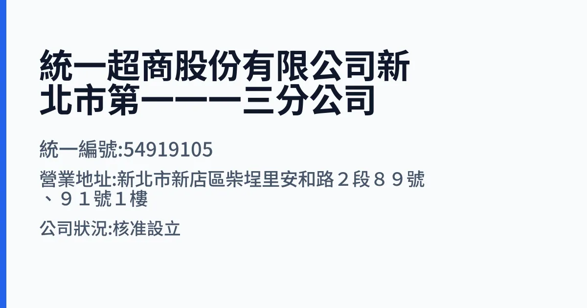 統一超商股份有限公司新北市第一一一三分公司 - 統編 54919105（新北市） 公司登記資料與營業項目詳細圖表
