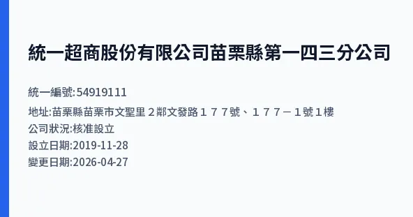 統一超商股份有限公司苗栗縣第一四三分公司的照片-統編 54919111(苗栗縣) 公司登記資料與營業項目詳細圖表