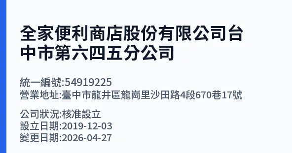全家便利商店股份有限公司台中市第六四五分公司的照片-統編 54919225(臺中市) 公司登記資料與營業項目詳細圖表