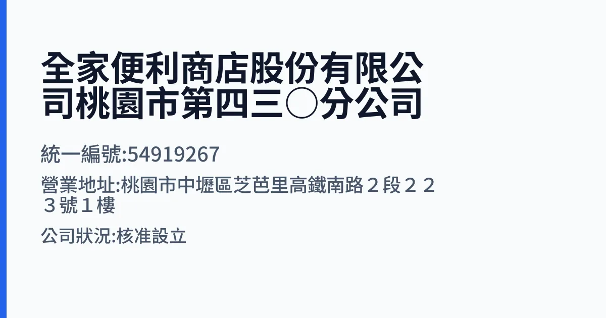 全家便利商店股份有限公司桃園市第四三○分公司 - 統編 54919267(桃園市) 公司登記資料與營業項目詳細圖表