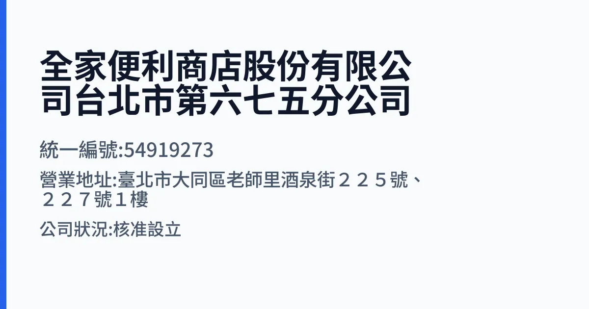全家便利商店股份有限公司台北市第六七五分公司 - 統編 54919273(臺北市) 公司登記資料與營業項目詳細圖表