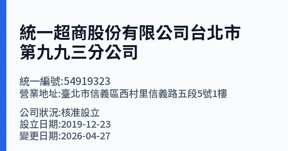 統一超商股份有限公司台北市第九九三分公司的照片-統編 54919323(臺北市) 公司登記資料與營業項目詳細圖表