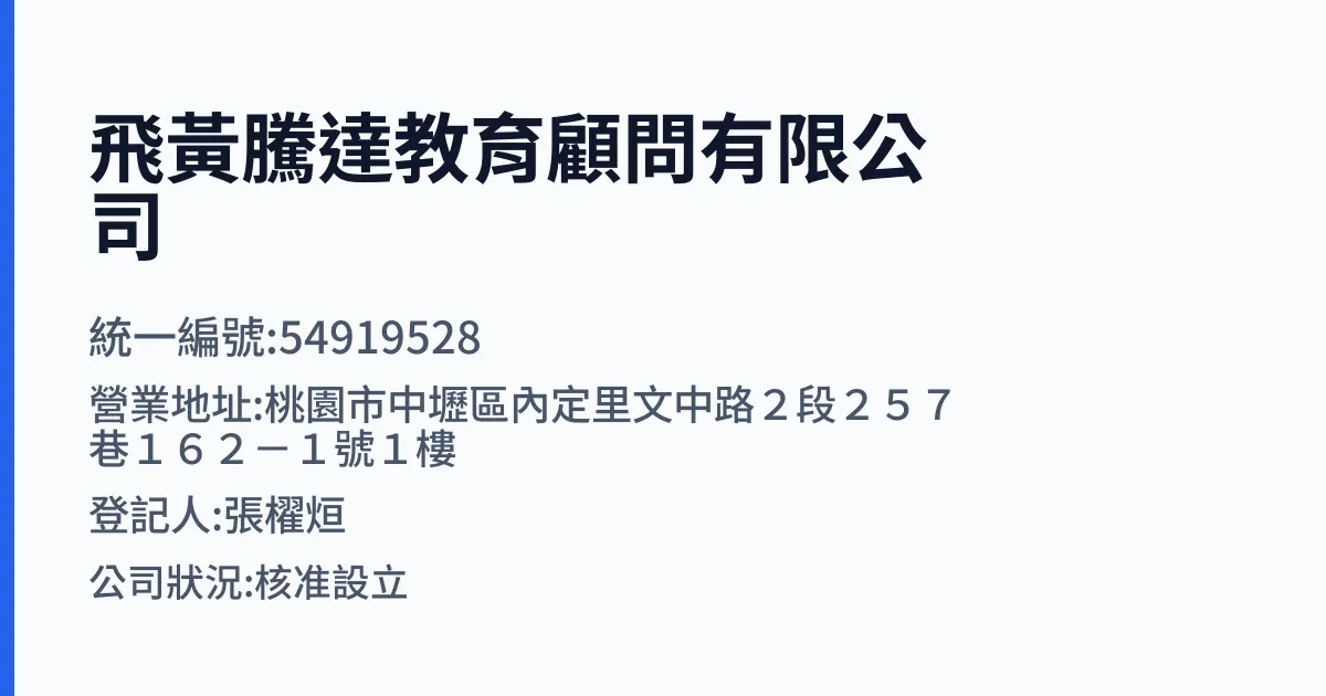 飛黃騰達教育顧問有限公司 - 統編 54919528(桃園市) 公司登記資料與營業項目詳細圖表