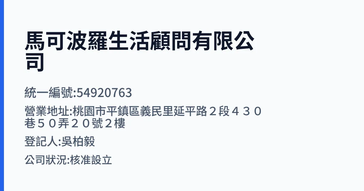 馬可波羅生活顧問有限公司 - 統編 54920763(桃園市) 公司登記資料與營業項目詳細圖表