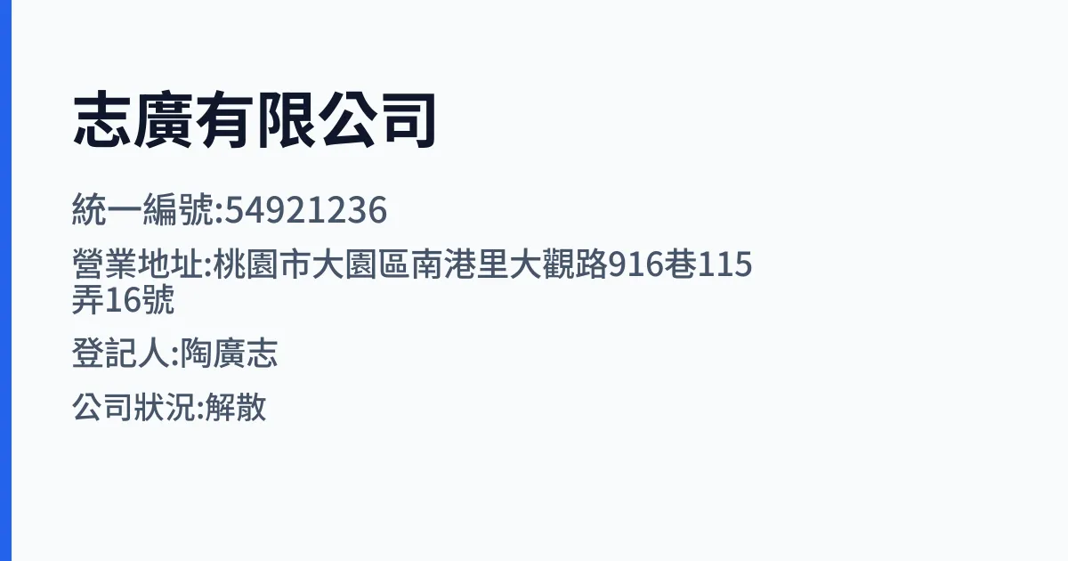 志廣有限公司 - 統編 54921236(桃園市) 公司登記資料與營業項目詳細圖表