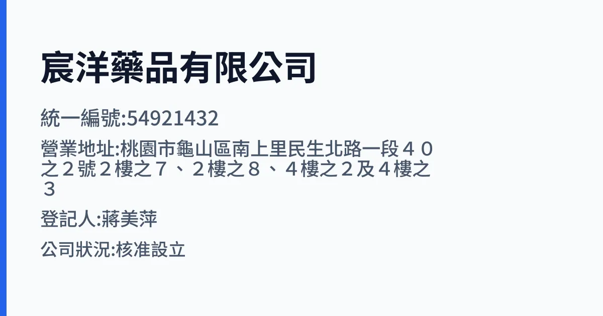 宸洋藥品有限公司 - 統編 54921432(桃園市) 公司登記資料與營業項目詳細圖表
