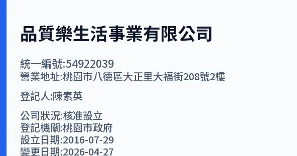 品質樂生活事業有限公司的照片-統編 54922039(桃園市) 公司登記資料與營業項目詳細圖表