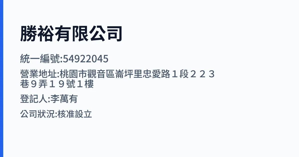 勝裕有限公司 - 統編 54922045(桃園市) 公司登記資料與營業項目詳細圖表