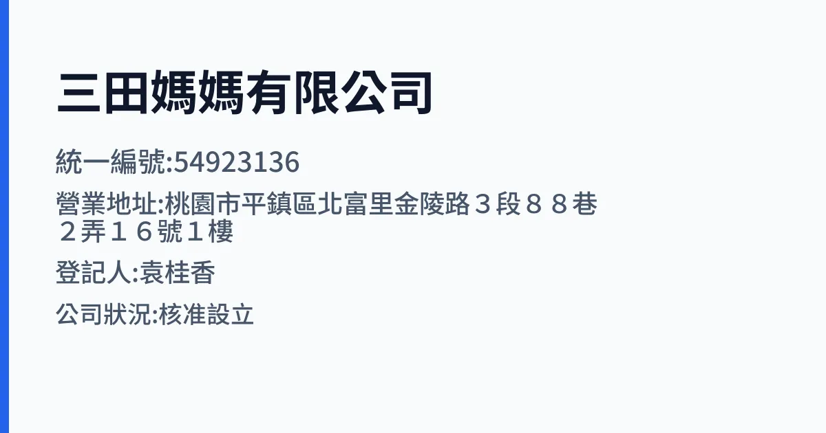 三田媽媽有限公司 - 統編 54923136(桃園市) 公司登記資料與營業項目詳細圖表