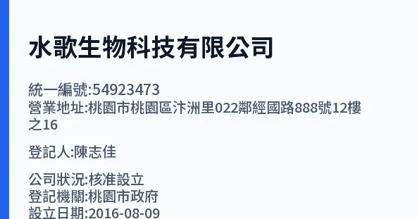 水歌生物科技有限公司的照片-統編 54923473(桃園市) 公司登記資料與營業項目詳細圖表