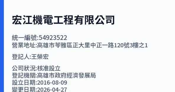 宏江機電工程有限公司的照片-統編 54923522(高雄市) 公司登記資料與營業項目詳細圖表