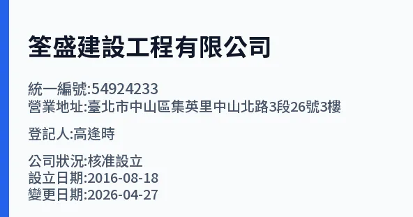 筌盛建設工程有限公司的照片-統編 54924233(臺北市) 公司登記資料與營業項目詳細圖表