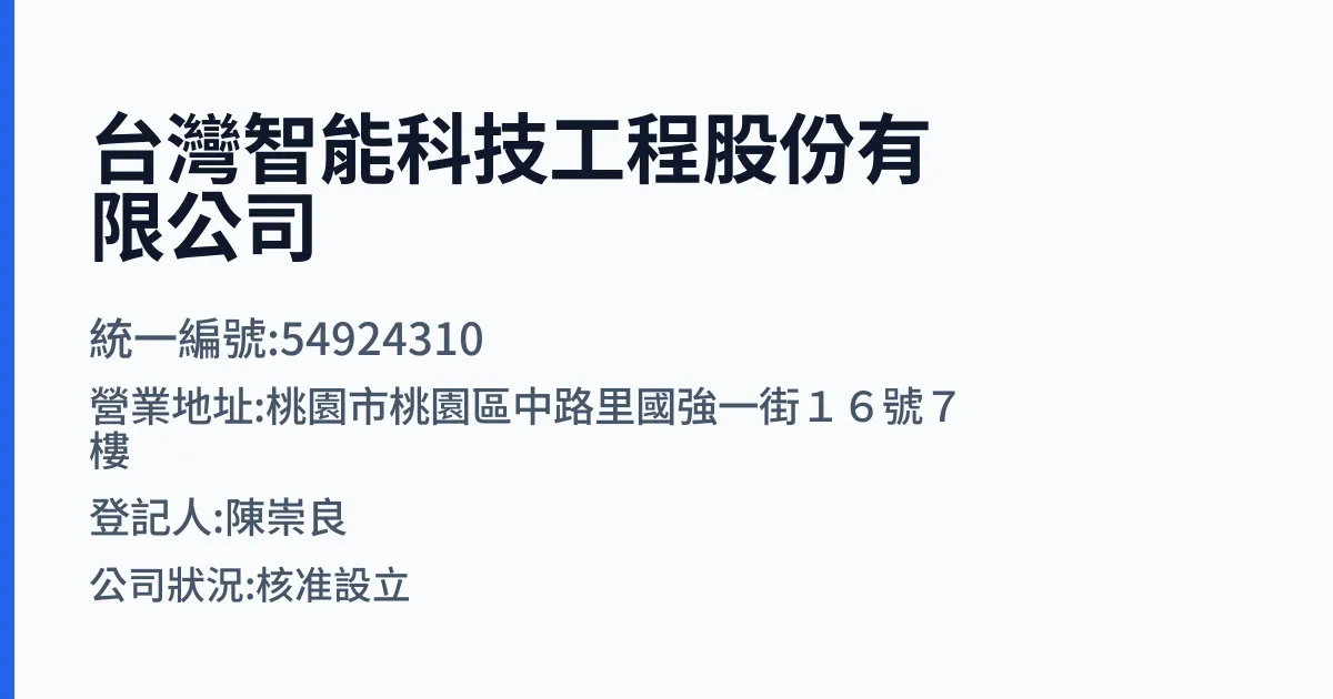 台灣智能科技工程股份有限公司 - 統編 54924310(桃園市) 公司登記資料與營業項目詳細圖表