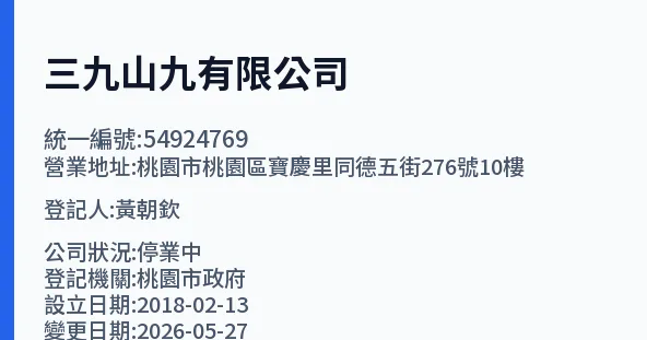 三九山九有限公司的照片-統編 54924769(桃園市) 公司登記資料與營業項目詳細圖表