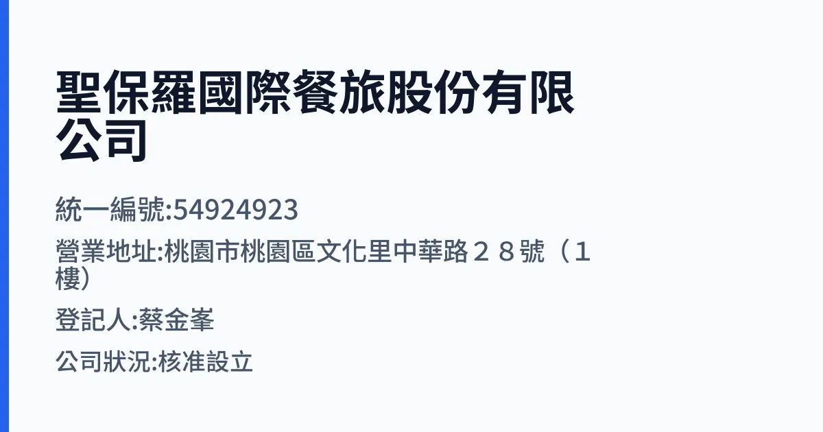 聖保羅國際餐旅股份有限公司 - 統編 54924923(桃園市) 公司登記資料與營業項目詳細圖表