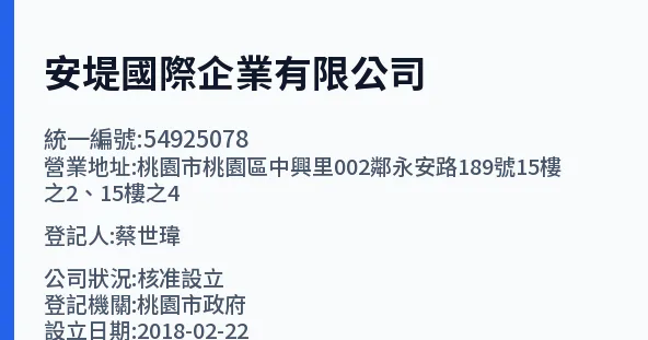 安堤國際企業有限公司的照片-統編 54925078(桃園市) 公司登記資料與營業項目詳細圖表