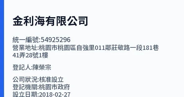 金利海有限公司的照片-統編 54925296(桃園市) 公司登記資料與營業項目詳細圖表