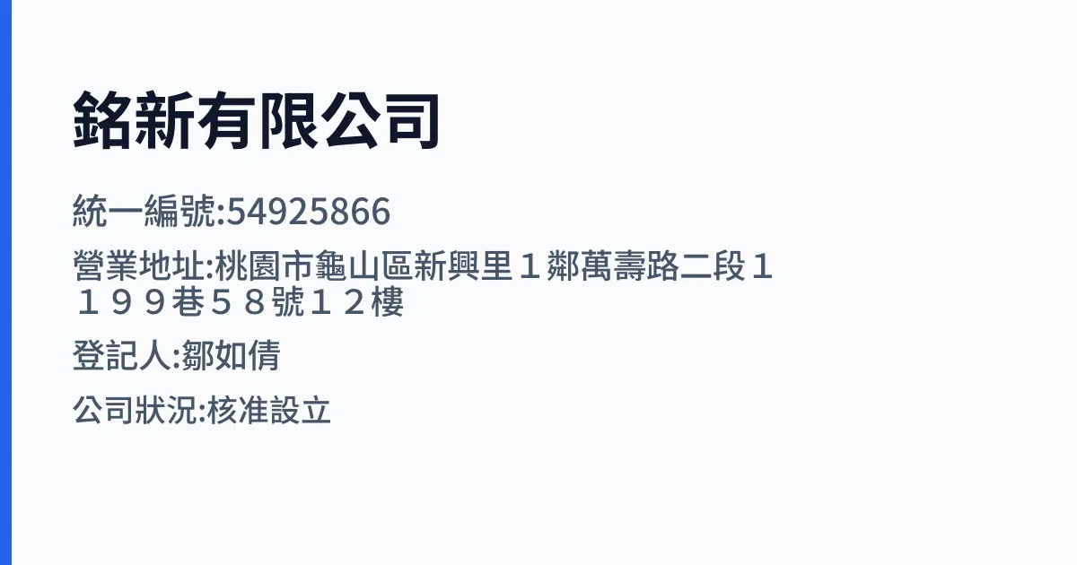 銘新有限公司 - 統編 54925866(桃園市) 公司登記資料與營業項目詳細圖表