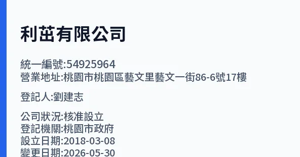 利茁有限公司的照片-統編 54925964(桃園市) 公司登記資料與營業項目詳細圖表