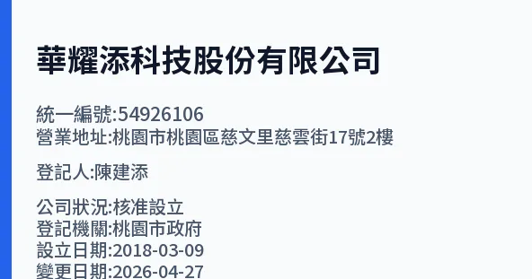 華耀添科技股份有限公司的照片-統編 54926106(桃園市) 公司登記資料與營業項目詳細圖表