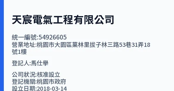 天宸電氣工程有限公司的照片-統編 54926605(桃園市) 公司登記資料與營業項目詳細圖表