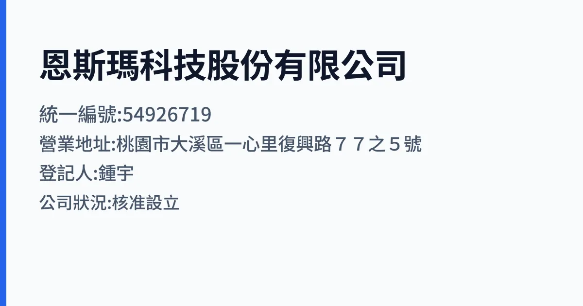 恩斯瑪科技股份有限公司 - 統編 54926719(桃園市) 公司登記資料與營業項目詳細圖表