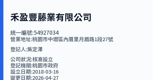 禾盈豐藤業有限公司的照片-統編 54927034(桃園市) 公司登記資料與營業項目詳細圖表