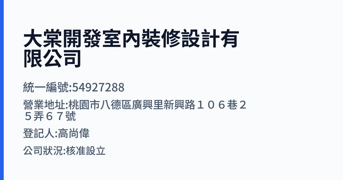 大棠開發室內裝修設計有限公司 - 統編 54927288(桃園市) 公司登記資料與營業項目詳細圖表