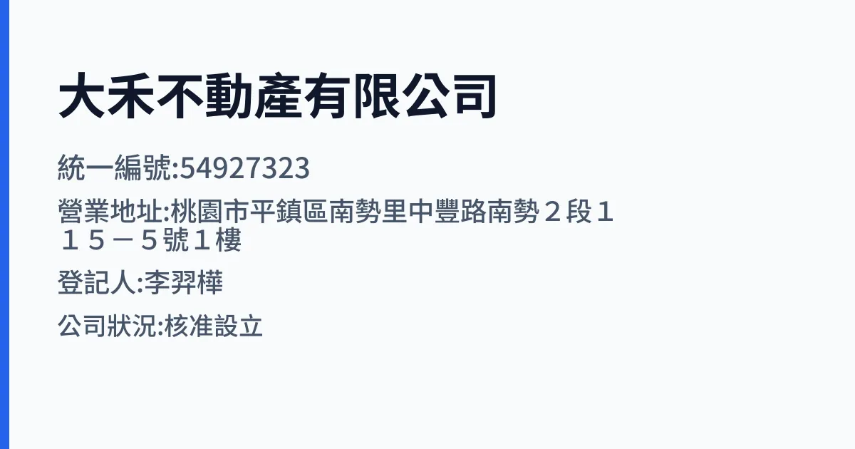 大禾不動產有限公司 - 統編 54927323(桃園市) 公司登記資料與營業項目詳細圖表