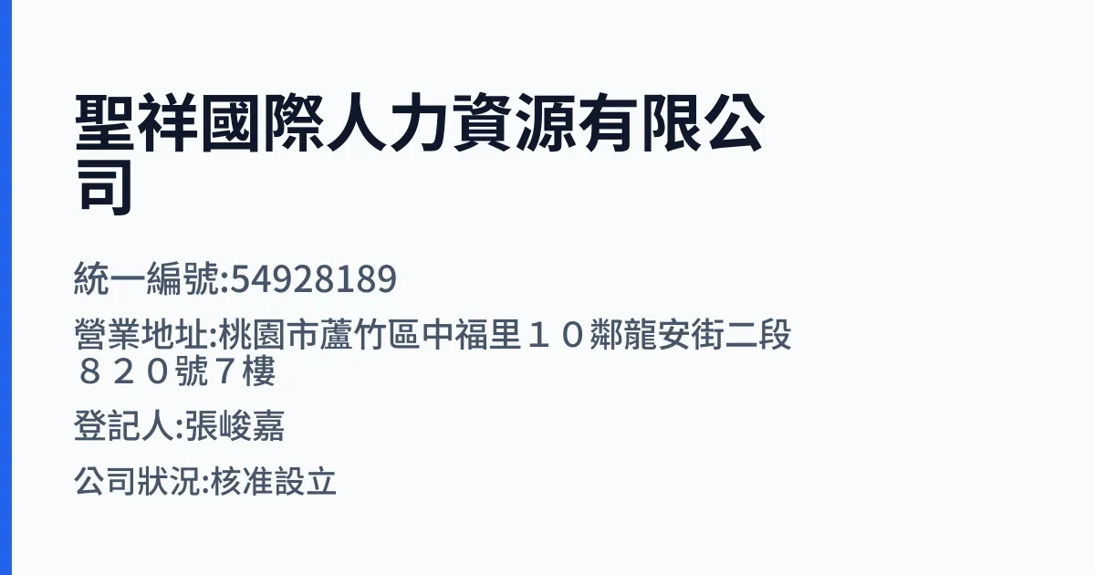 聖祥國際人力資源有限公司 - 統編 54928189(桃園市) 公司登記資料與營業項目詳細圖表