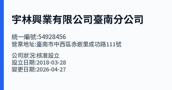 宇林興業有限公司臺南分公司的照片-統編 54928456(臺南市) 公司登記資料與營業項目詳細圖表