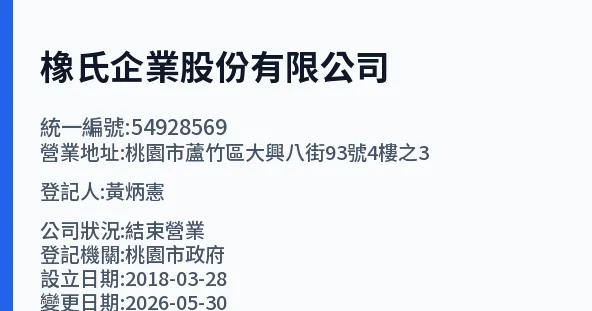橡氏企業股份有限公司的照片-統編 54928569(桃園市) 公司登記資料與營業項目詳細圖表
