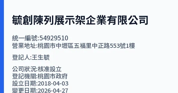 毓創陳列展示架企業有限公司的照片-統編 54929510(桃園市) 公司登記資料與營業項目詳細圖表