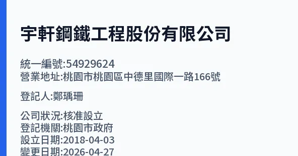 宇軒鋼鐵工程股份有限公司的照片-統編 54929624(桃園市) 公司登記資料與營業項目詳細圖表